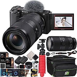 Sony ZV-E10 Mirrorless Alpha APS-C Vlog Camera Body and 70-350mm F4.5-6.3 G OSS Super-Telephoto Lens SEL70350G ILCZV-E10/B Black Bundle with Deco Gear Case, Extra Battery, Photo Video Accessories Kit