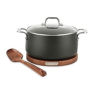 All-Clad HA1 Hard Anodized Nonstick 4 Piece Dutch Oven Set, Acacia Trivet and Spoon 6 Quart Induction Pots and Pans, Cookware Black