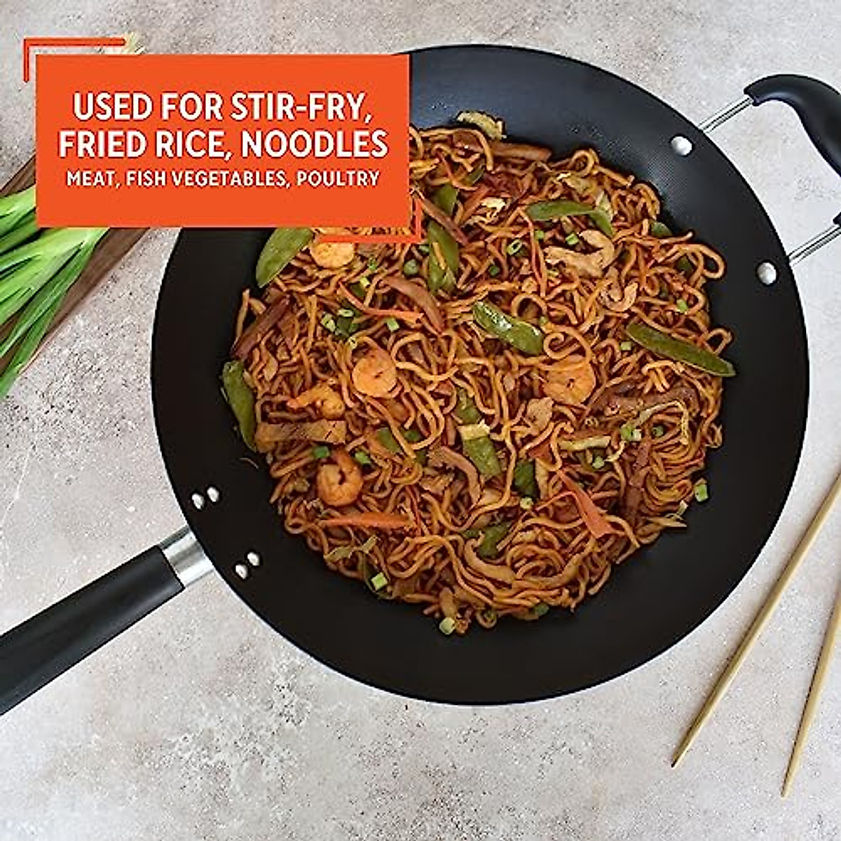 IMUSA USA 14" Traditional Nonstick Coated Wok with Triangle Helper Handle