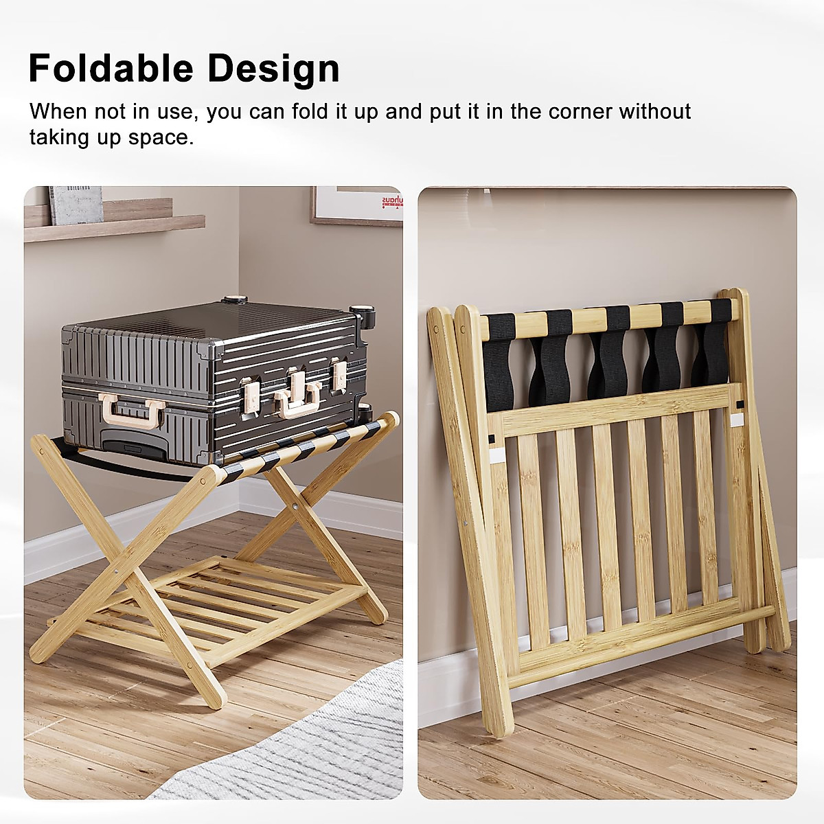 Smuxee Fully Assembled Luggage Rack for Guest Room, Upgraded Bamboo Foldable Suitcase Stand with 5 Nylon Straps, Nature Luggage Holder with Shelf for Bedroom Hotel (Nature Luggage Rack 1pcs)