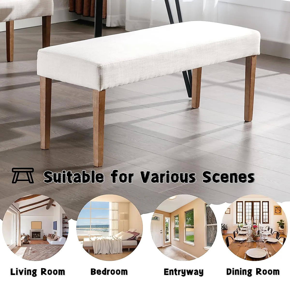 LIVINOVA Farmhouse Upholstered Dining Bench Seat, 45" Linen Entryway Bench with Natural Wood Legs, Mid Century Modern End of Bed Bench for Kitchen Bedroom Living Room Hallway, for 2-3 Person, Beige