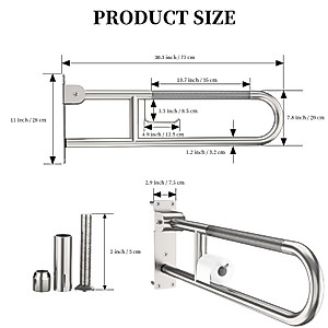 Toilet Grab Bar 30.3 Inch, YuanDe Brushed Nickel Anti-Slip Support Rail, U Shaped Flip-Up Grab Bar with Paper Holder, Stainless Steel Knurled Handicap Safety Handrails for Disabled Elderly Pregnant