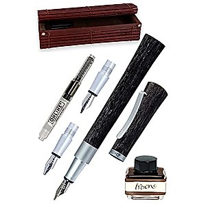 Online calligraphy fountain pen Newood │ calligraphy pen │ natural Wawa wood in black │ 3 stroke widths 0.8 1.4 and 1.8 mm │ set including one ink jar with brown ink (15ml) │ for Bullet Journal etc.