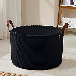 Organizix XLarge Round Cotton Rope Storage Basket Bin Organizer Laundry Hamper with Leather Handles, 21 x 21 x 14, Extra Large Blanket Woven Toy Basket for Baby Nursery - Black