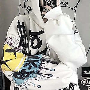 MOMEITU Gothic women's hooded sweater female raw bag easier doodle print plus velvet thick long sleeve shirt (S, white)