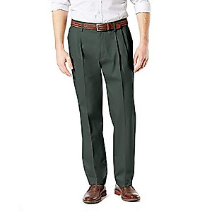 Dockers Men's Classic Fit Signature Khaki Lux Cotton Stretch Pants-Pleated (Regular and Big & Tall), Olive Grove, 36W x 32L