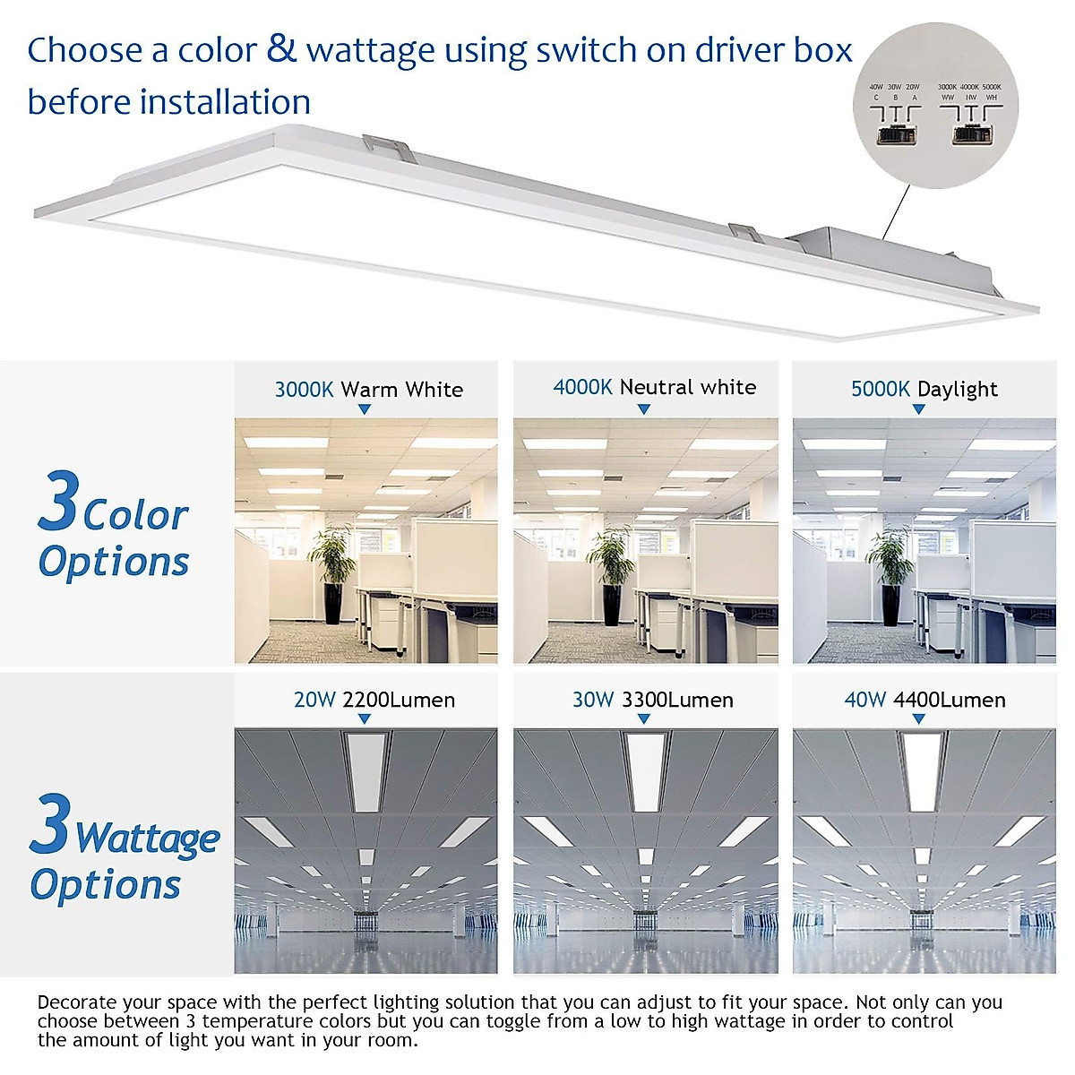 CycevSun 2x2 LED Flat Panel Light, Drop Ceiling Light 3 Color Temp Selectable & 0-10V Dimmable, 20W/30W/40W Selectable, 100-277Vac, ETL, 4 Pack