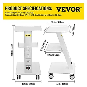 VEVOR Lab Trolley, Rolling Lab Cart w/Built-in Socket, 3 Layers Tray Rolling Clinic Cart, 360° Silent Rolling Wheels w/Foot Brake, 88 lbs Weight Capacity Sturdy Steel Frame, for Lab Clinic Salon
