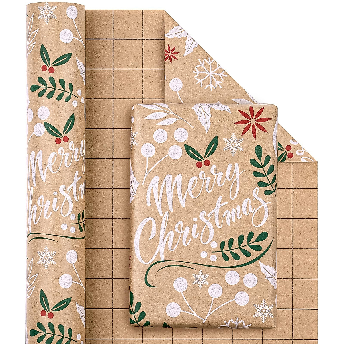 WRAPAHOLIC Kraft Christmas Wrapping Paper - Mini Roll - 17 Inch X 33 Feet - Merry Christmas Lettering with Christmas Leaves Design for Chrsitmas, Holiday, Party Celebration