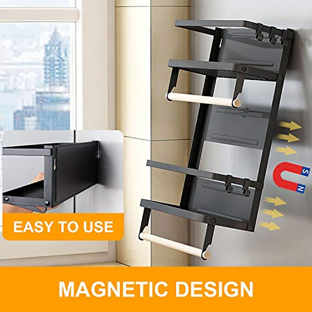 Magnetic Spice Rack,4 Tier Kitchen Magnetic Shelf for Refrigerator Fridge Organizer with 2 Paper Towel Holders and 5 Removable Hooks,Matte Black