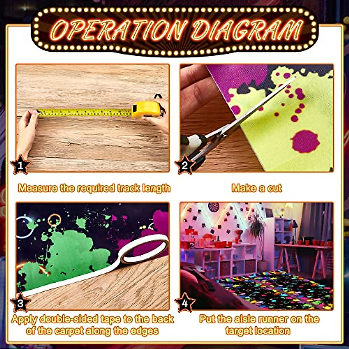 Neon Carpet Runner Neon Party Decorations Glow in The Dark Carpet Runner 80s Carpet Rug Neon Aisle Runner Light up Dance Floor Fluorescent Neon Birthday Wedding Christmas Party Supplies Favors,10 ft