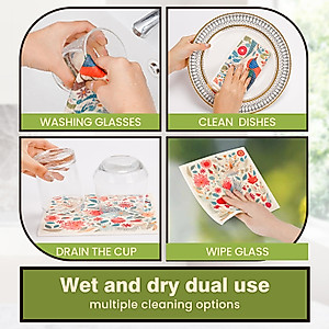 Yelasenari Swedish Dishcloths for Kitchen Reusable 6 Pack Kitchen Towels No Odor Quick-Drying Papaya Reusable Paper Towels Reusable Paper Towels Washable for Countertop Sink Kitchen Flower Bird