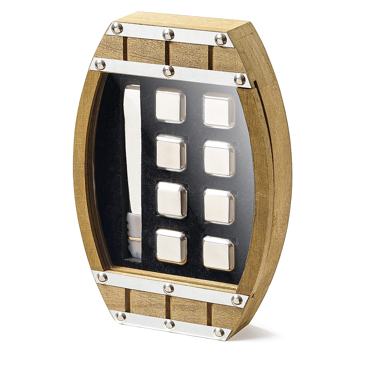 Whiskey Stone Gift Set - 8 Pieces Stainless Steel Cubes in Wooden Barrel Box Display Includes Reusable Stones, Felt Bag & Tongs - Keep Drinks Cold for Scotch, Beer, Wine, Cocktails for Women & Men