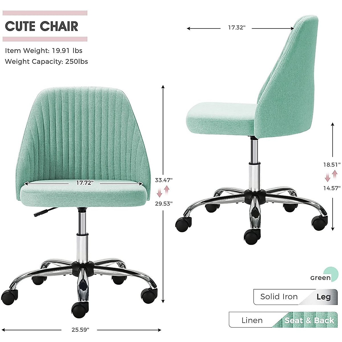 OLIXIS Home Office Desk Chair - Adjustable Rolling Chair, Armless Cute Modern Task Chair for Office, Home, Make Up,Small Space, Bed Room, Green,XX-2776-GN