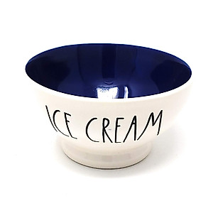 Rae Dunn by Magenta ICE CREAM Bowl, Ceramic, White with Blue Interior and Black LL. 3in x 5.5in