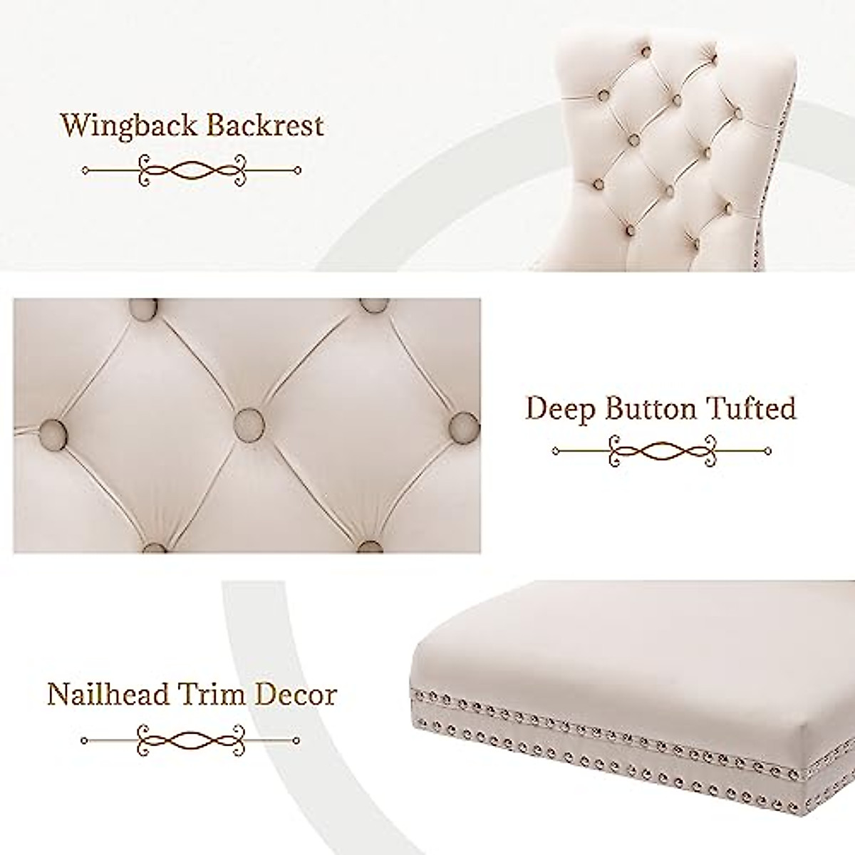 civama Velvet Dining Chairs Set of 6, Upholstered Tufted Dining Chairs with Nailhead Trim Back Pull Ring, Nikki Collection Elegant Armless Kitchen Chair with Solid Wood Legs, Beige