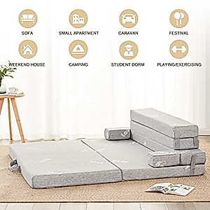 Lazyzizi Sleep 4 Inch Foldable Mattress, Portable Floor Mattress Couch with Headrest, Washable Cover, Foldable Foam Couch Queen for Guest Bed, Folding Sofa Bed, Camping, Road Trip， Light Grey