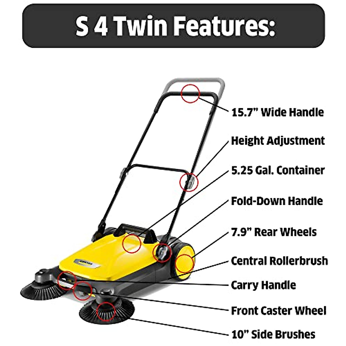 Karcher S 4 Twin Walk-Behind Outdoor Hand Push Floor Sweeper - 5.25 Gallon Capacity, 26.8" Sweeping Width, Sweeps 26,000 Square Feet/Hour