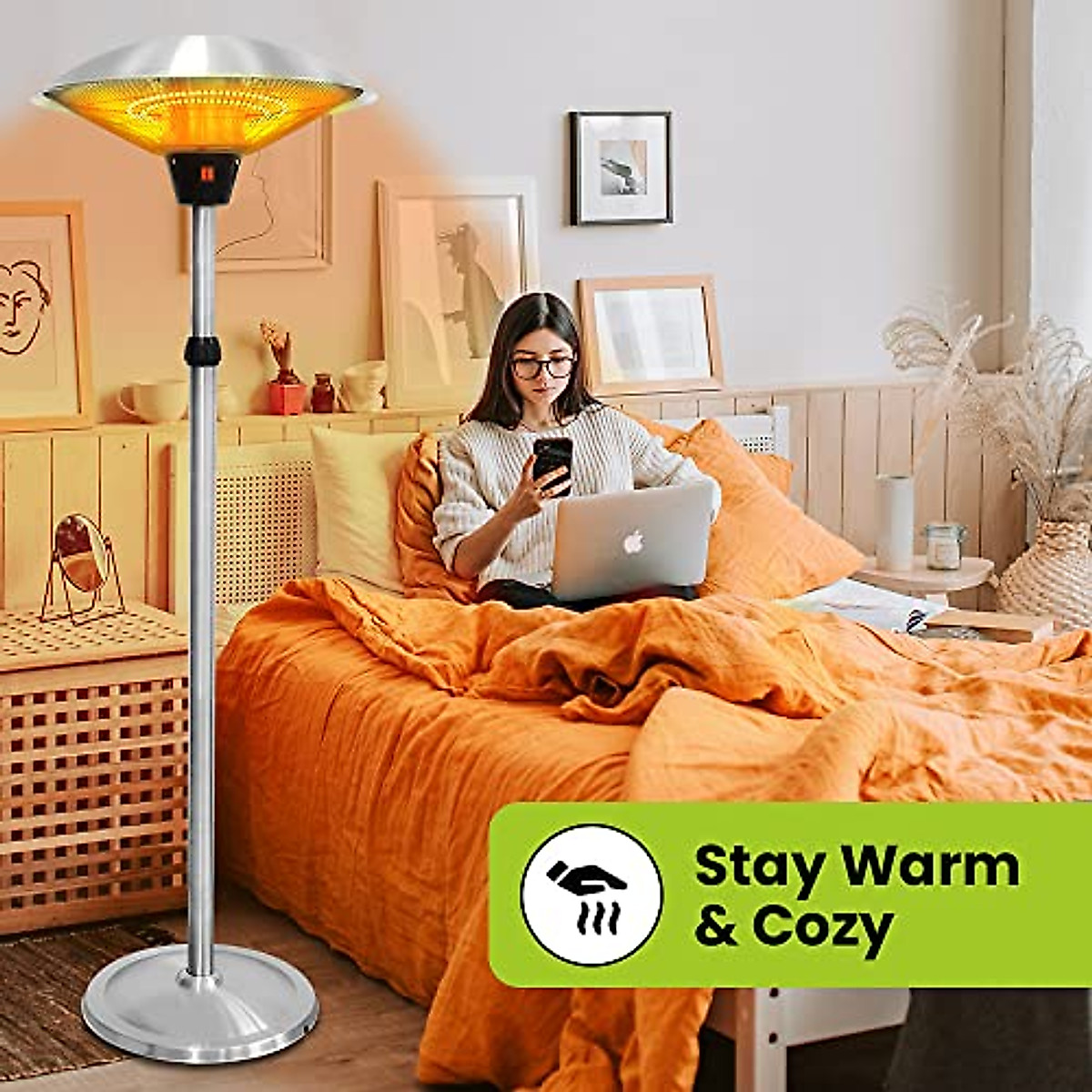 Fast Heating! - Indoor & Outdoor 1500W Electric Infrared Patio Heater, Waterproof & Tip-Over Protection, Perfect for Garden, Balcony, Garage, Backyard, and More! (EPH-SIL)