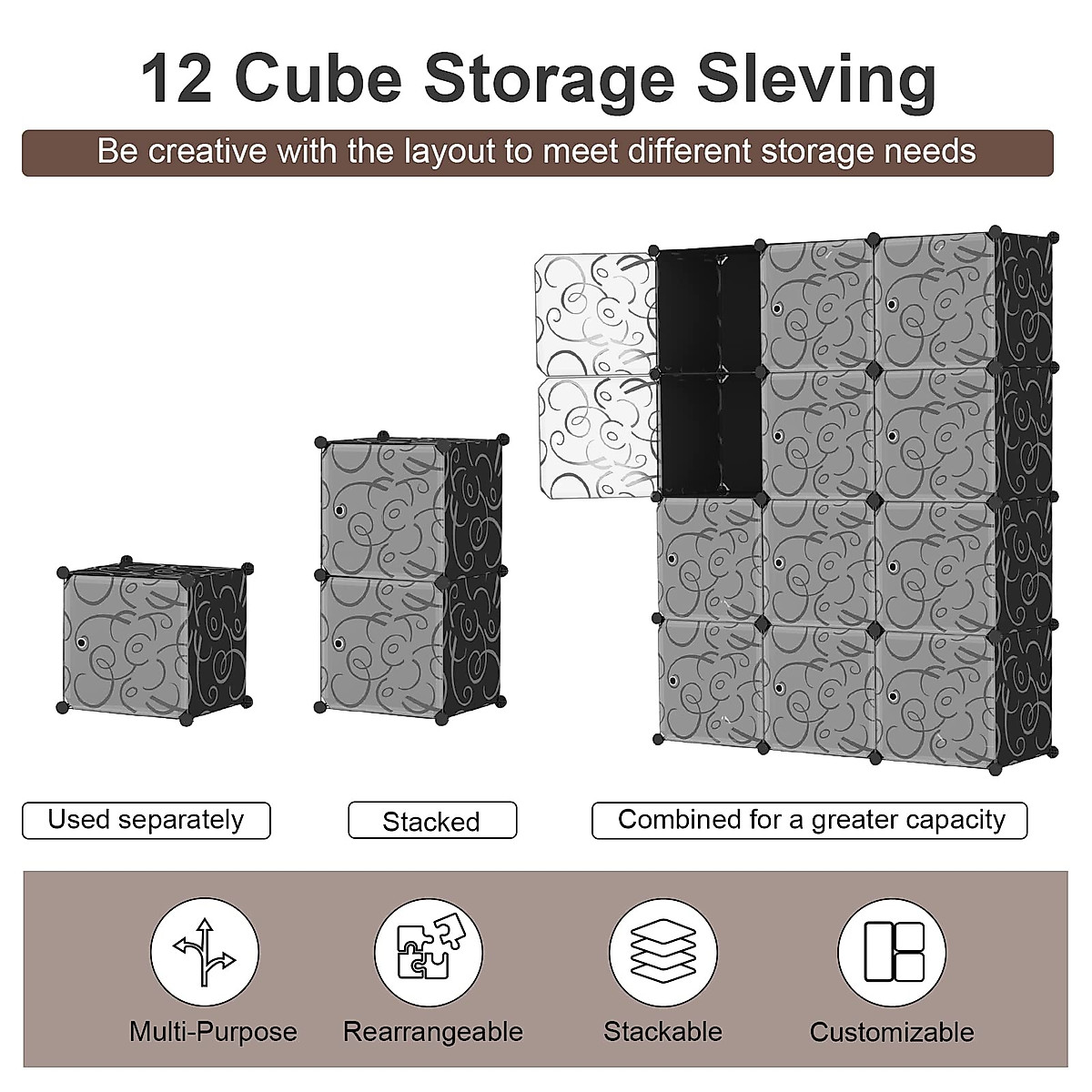 Anenz Cube Storage Organizer,12-Cube Closet Organizer with Doors Plastic Shelving Modular Cubby Shelves Shelf,14 ”x14 Black Storage Cubes Bookshelf