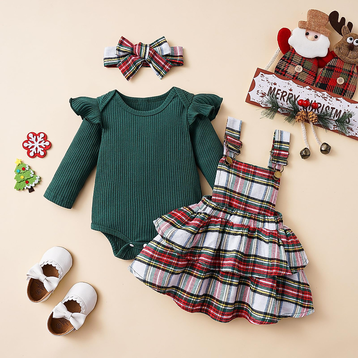 Mubineo Baby Girl Christmas Clothes Plaid Outfits Long Sleeve Romper Overall Skirt Dress Cute Newborn Outfit (Green Red White Plaid, 18-24 Months)