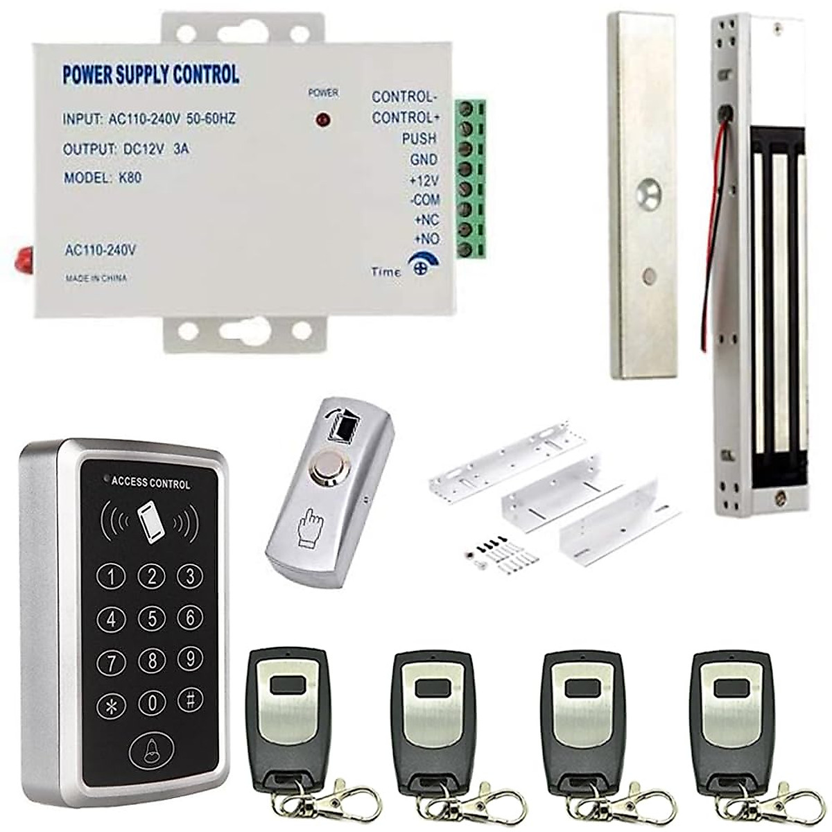 MENGQI-CONTROL Inward or Outward Door Remote Open 600lbs Electric Magnetic Lock Keypad Access Control Kit 4 Remote Control ZL Bracket 110-240V Power Supply Unit Push to Exit Button