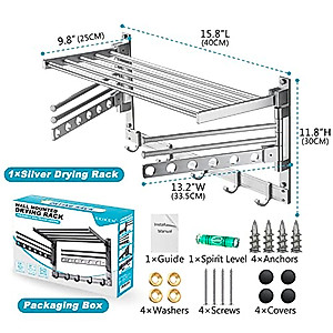 SKIKEN Wall-Mounted Laundry Drying Rack, 2 Swivel Rods with 6 Holes, Folding Organizer Rack for Laundry Room, Bathroom, Swivel Towel Rack/Drying Organizer, 5 Movable Hooks, Aluminum (Silver, 15.8")
