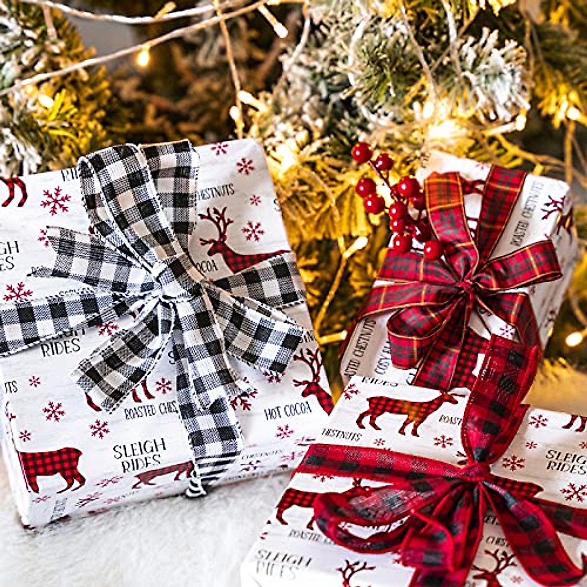 WRAPAHOLIC Jumbo Reversible Christmas Wrapping Paper - 30 Inch X 100 Feet Jumbo Roll Red White Snowflakes and Reindeer Design