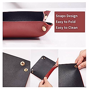 VOMANA Leather Valet Tray for Men Women, Small Leather Catchall Tray Desk Organizer, Key Tray for Entryway Table, Collapsible Travel Snap Tray, EDC Dump Tray (Orange+ Almond)