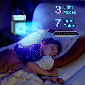 Thehomeuse Portable Air Conditioner Fan, 3in1 Personal Mini Cooler, Small Evaporative Cooler with LED Lights, Quiet Desktop Cooling Fan for Office, White