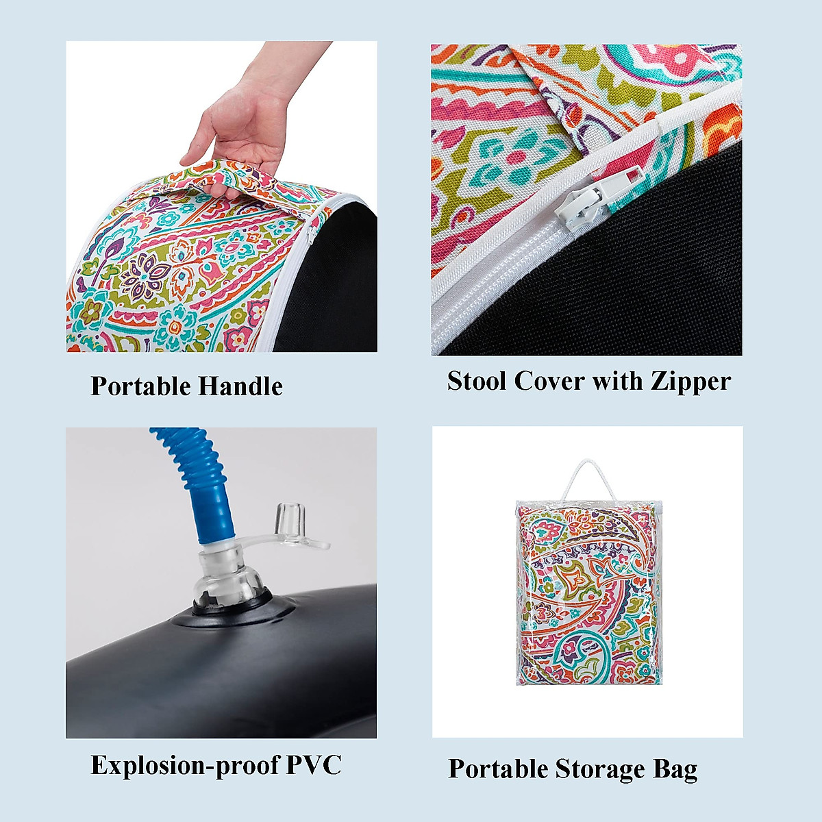 FUNHOME Inflatable Stool Ottoman Footrest with Handle, All Weather Footrest Seat with Foot Pump D20 xH9, Water Repellent Footstool Pouf for Home Patio Garden and Camping Use-Melora Paisley