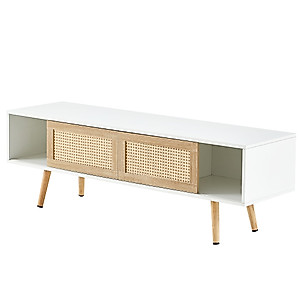 YOUGUO Rattan TV Stand for 65 Inch TV, Boho Entertainment Center with Natural Rattan Sliding Doors & Adjustable Shelf, Wood TV Media Console for Living Room, White