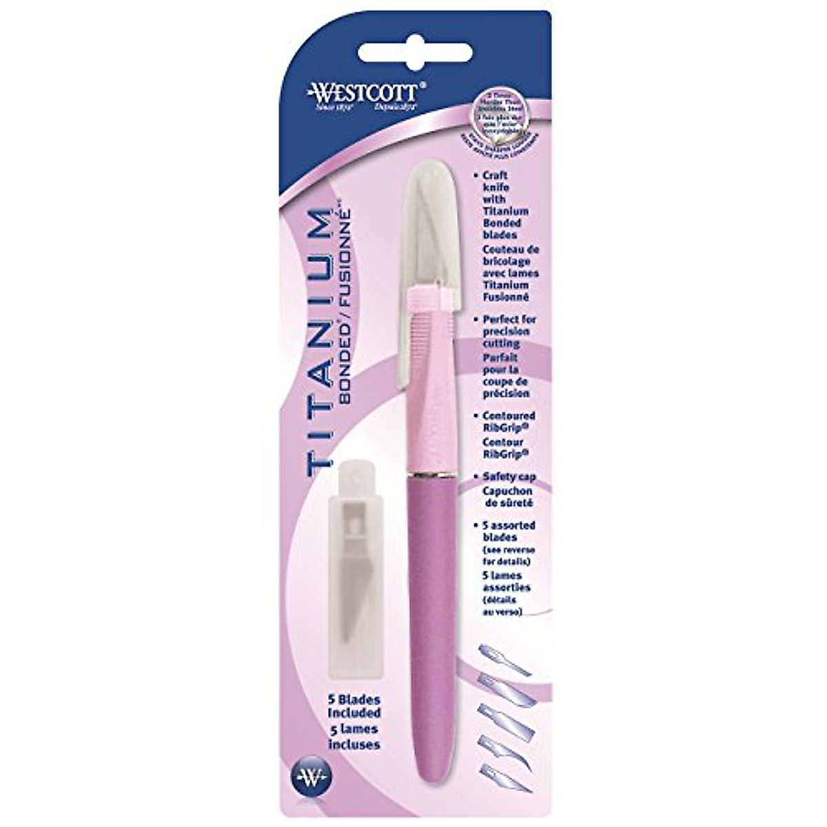 Westcott Titanium Bonded Hobby Knife, 5 Assorted Blades, Purple, 15154