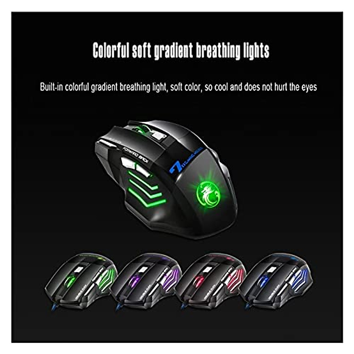 JIE. 7 Key Wired Mouse Color RGB Breathing lamp E-Sports no Sound Game Mouse Suitable for PC/Laptop Desktop Compatible with Vista / Windows7, 8, 10 / Mac (Color : Black)