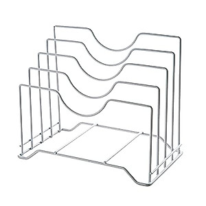oAutoSjy Kitchen Pot Lid Holder Organizer, Reusable Organizer Containers for Cutting Boards Plates Bakeware, Cabinet Countertop Storage Rack with 4 Dividers Drying Rack Desktop Book Rack, Type 1 White