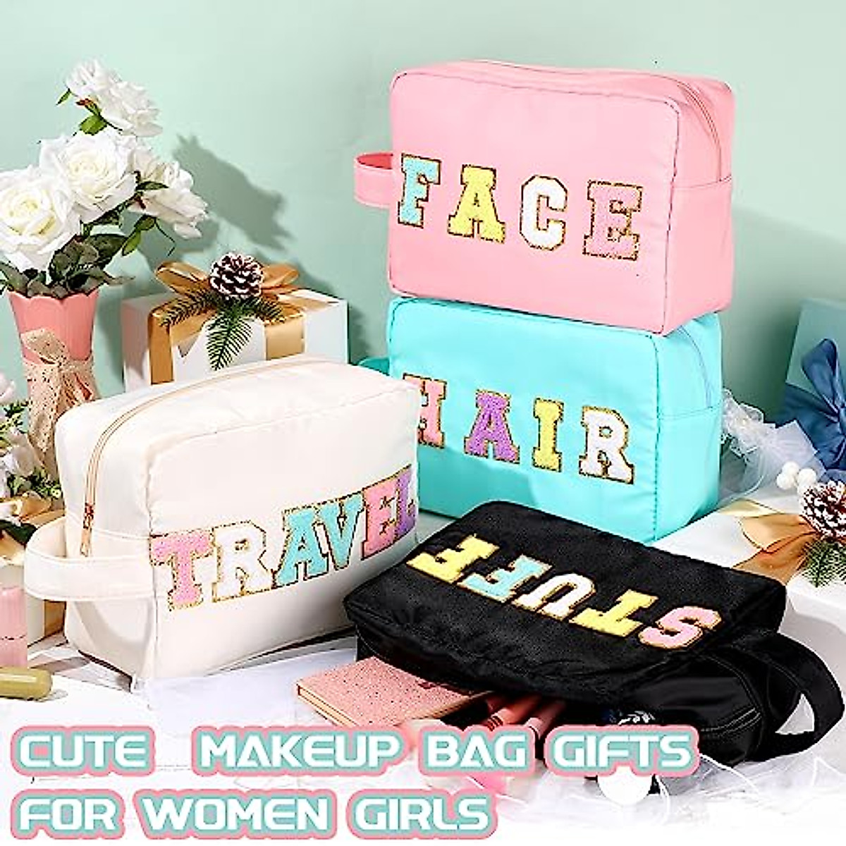 Cunno 4 Pieces Large Preppy Makeup Bag Chenille Letter Patch Makeup Bag 11x8x5 inch Nylon Cosmetic Bag Portable Zipper Face Bag Cute Girls Toiletry Bag for Women Travel (Letter Patches)