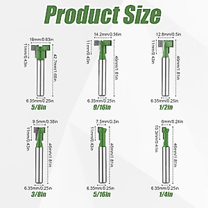6pcs Keyhole Router Bits Set, 1/4in Shank T Slot Cutter Set Router Bits Woodworking T Track Slot Cutter for 1/4 & 5/16 & 3/8 & 9/16 & 1/2 & 5/8 inch Blade Diameter