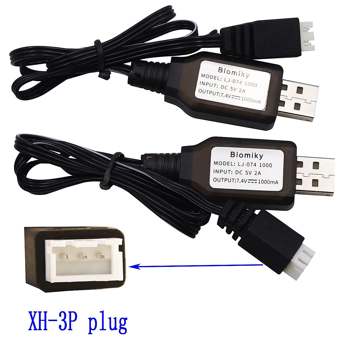 Blomiky 2 Pack 7.4V 1A USB Charger Cable with XH-3P Plug for 7.4V 2S Lipo Battery with XH-3P Connector / 7.4V 1A USB XH-3P 2