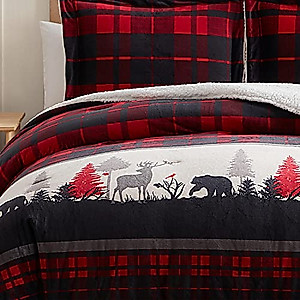 Sweet Home Collection Comforter Set Buffalo Plaid Check Lodge Cabin Print Sherpa Lined Ultra Soft Cozy Plush Bedding, Queen, Burgundy