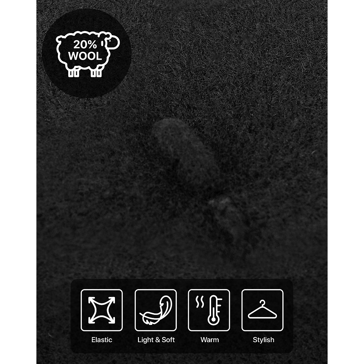 Parquet Solid Color French Beret Wool Material. Classic French, Casual and Chic Lightweight Beanie Cap Hat Black