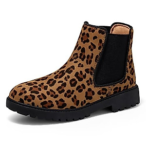 Harvest Land Girl Boots Kids Ankle Boots Warm Side Zipper Boots Low heel Short Booties Winter Snow Boots Anti-Slip Outdoor Shoes for Little Kids/Big Kids Leopard Size 13