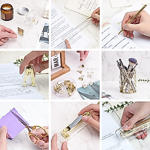 EOOUT Gold Office Supplies Set Desk Accessories, Acrylic Stapler Set Staple Remover, Phone Holder, Tape Holder, Pen Holder, 2 Ballpoint Pen, Scissor, Binder Clips, Ruler, Transparent Glue and Staples.