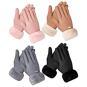 Janmercy 4 Pairs Thermal Winter Gloves for Women Cold Weather Touchscreen Soft Lining Suede Gloves for Ladies Sports Driving(Pink, Camel, Gray, Black)