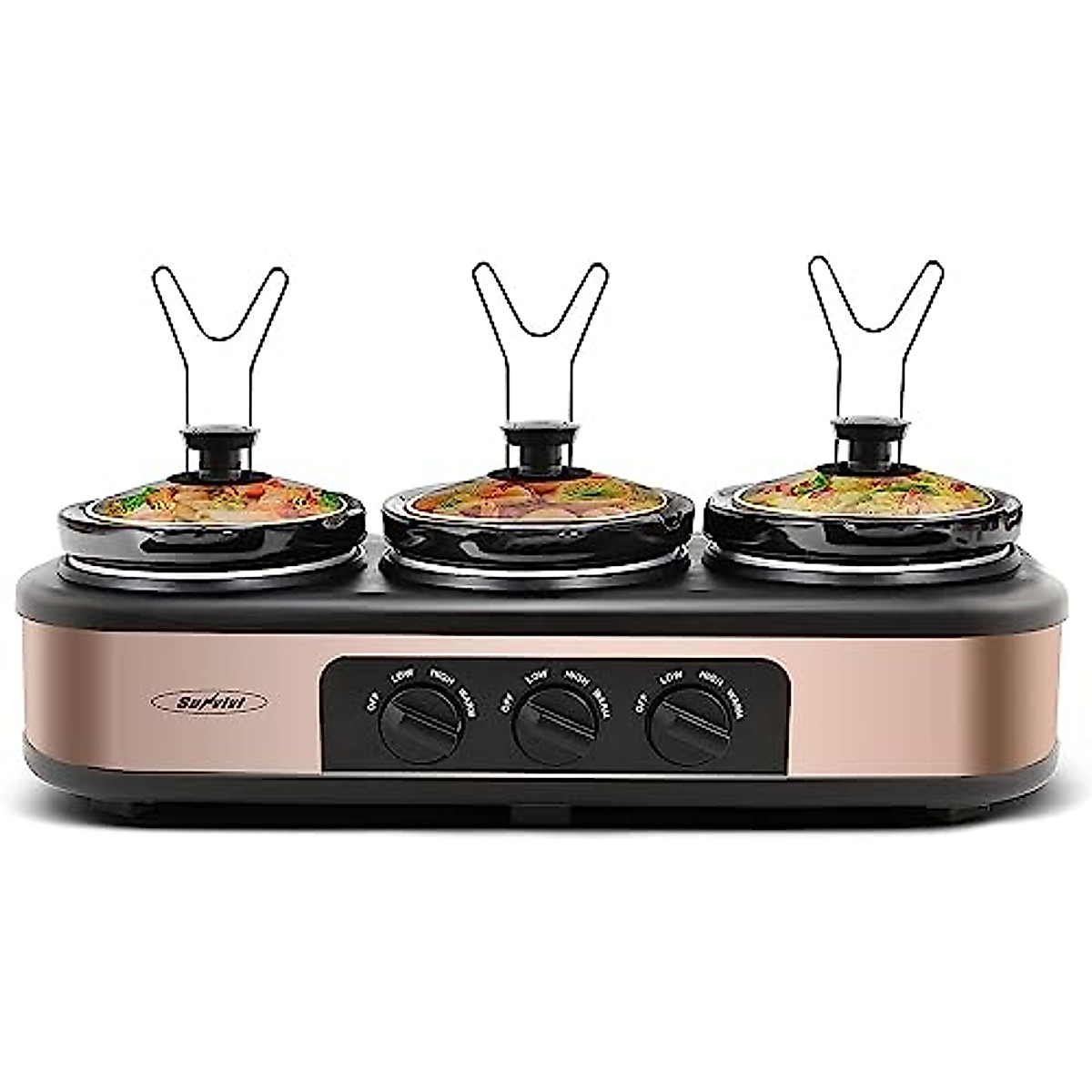 Sunvivi Triple Slow Cookers, 3x1.5 Qt Food Warmer Adjustable-Temp Server, Buffet Server for Parties, Mini Crock Dips Pot, Entertaining ＆ Holiday, Dishwasher Safe Glass Lid & Ceramic Pot, Stainless Copper with Lid Rests, 2 Year-Guarantee