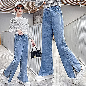 Girls Loose Distressed Jeans Wide Leg Stretch Denim Pants Baggy Straight Trousers (Blue Split, 10-12)