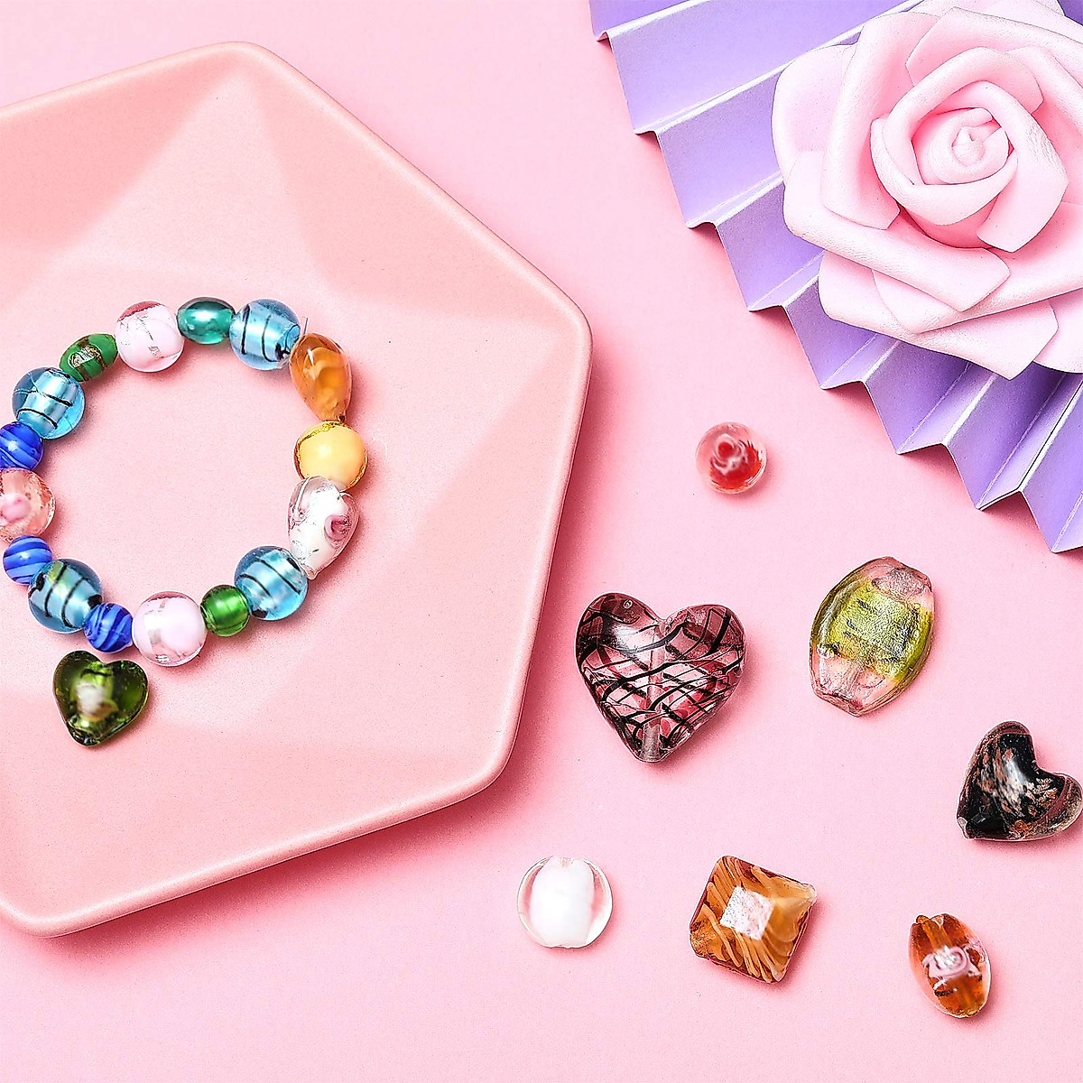 Hicarer 100 Pieces Assorted Glass Beads for Jewelry Making Adults, Large and Small Mixed Shaped Glass Beads Bulk for DIY Necklaces Bracelets, Crafting Supplies Kit