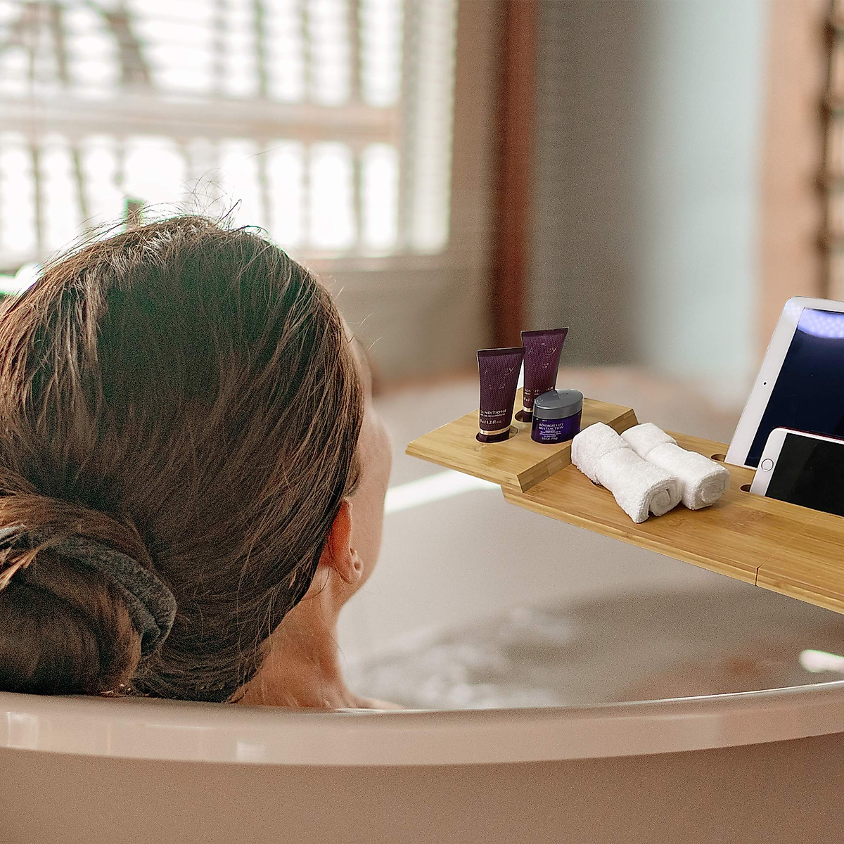 Cabot & Carlyle Luxury Bath Caddy Tray for Tub | Bath Table | Premium Bamboo Bathtub Tray for Tub | Fits All Bath Accessories Wine Glass, Books, Tablets, Cellphones, Shampoo | Bath Shelf Foldable.
