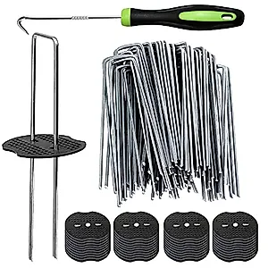 Bakulyor 200Pcs Landscape Staples + 200Pcs Gasket, 6 Inch Garden Stakes Staples 11 Gauge U Shaped Galvanized Lawn Landscape Pins, Heavy Duty Yard Ground Pin for Weed Barrier Sod Fabric Decorations