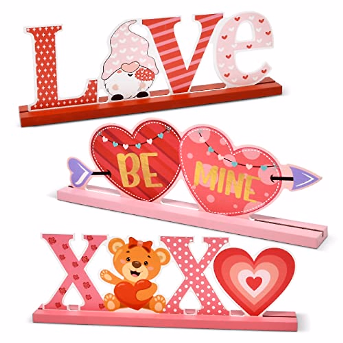 3 Valentines Day Wooden Table Decorations Valentine Centerpiece Pink Heart Love Tabletop Sign Valentine's Gift & Romantic Party Decor for Fireplace Mantle Shelf Office Desk Dining Room Kitchen & Home