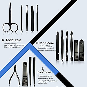 ONME Manicure Set, 15pcs Stainless Steel Nail Clipper Pedicure Professional Grooming Kit, Includes Cuticle Remover with Travel Case Beauty Care Tools Gift For Women Men (Black)
